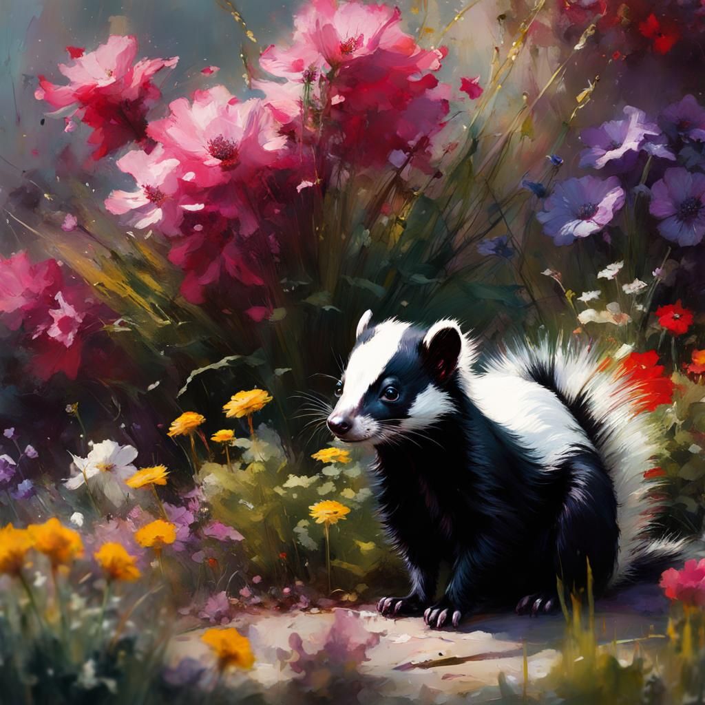 Skunk sitting in the flowerbed - AI Generated Artwork - NightCafe Creator