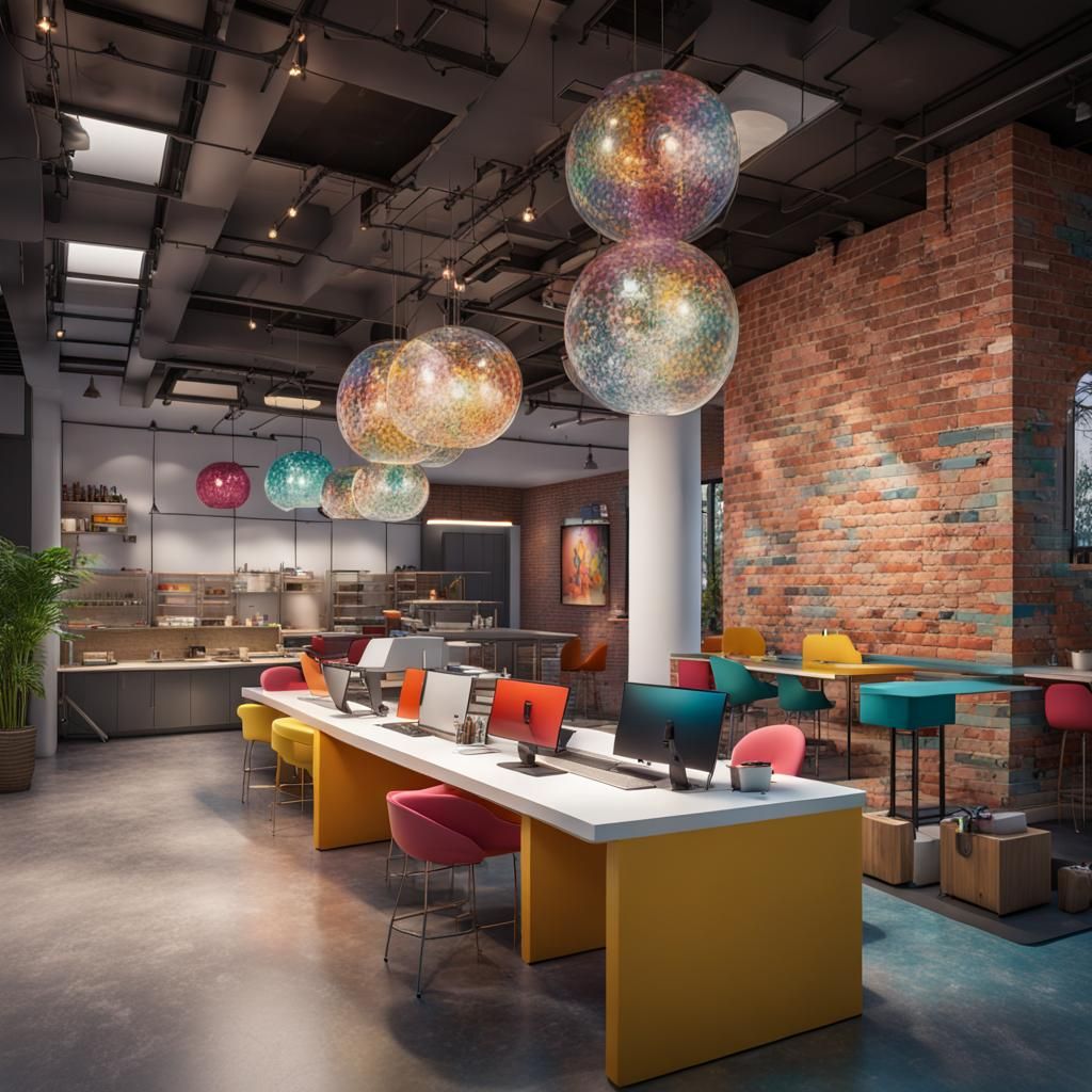 Workshop area with brick walls located in a hotel. It has large and ...