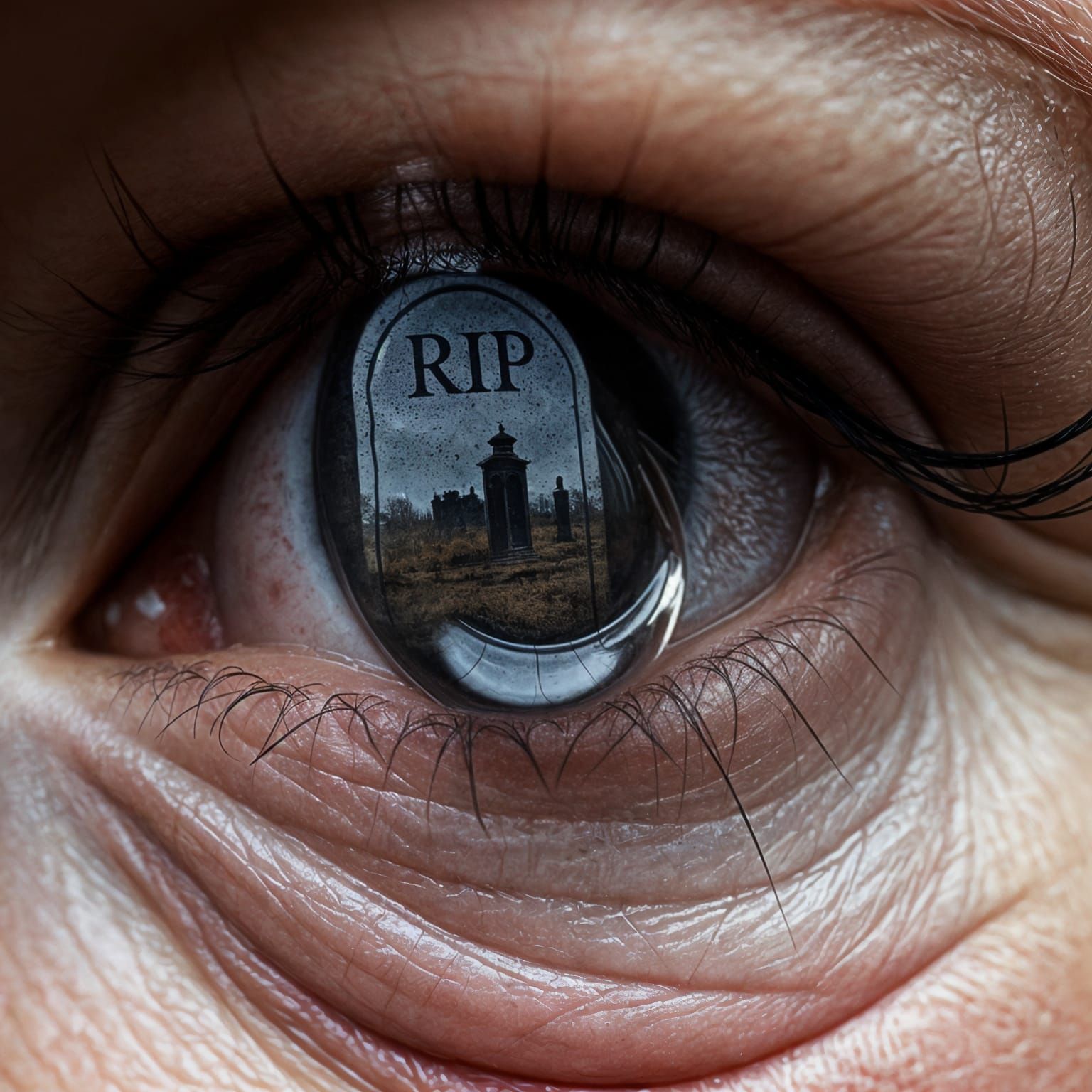 Close-up of a single human eye, a tear drop about to fall, a headstone