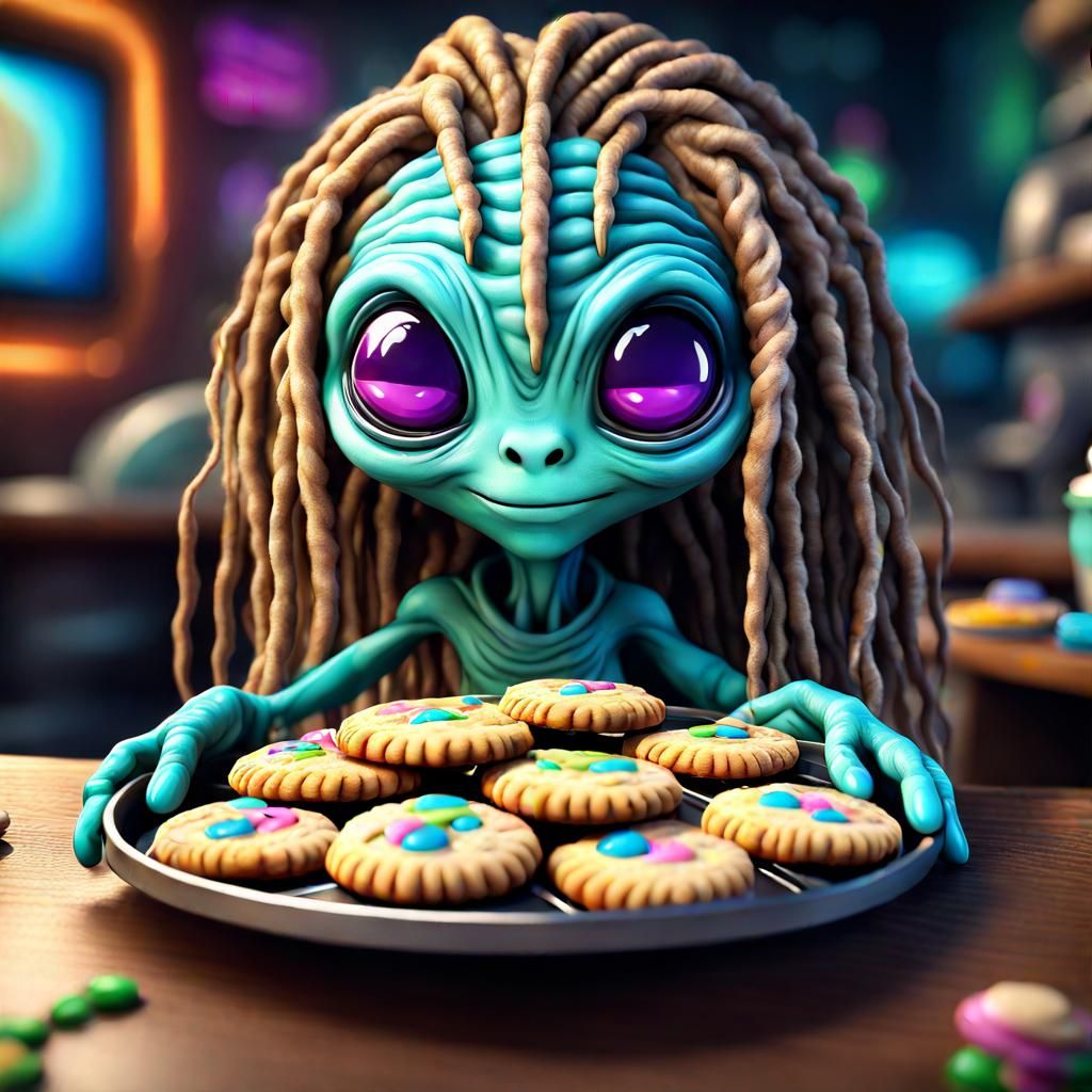 The adorable alien with long dreadlocks holding a tray of cookies ...