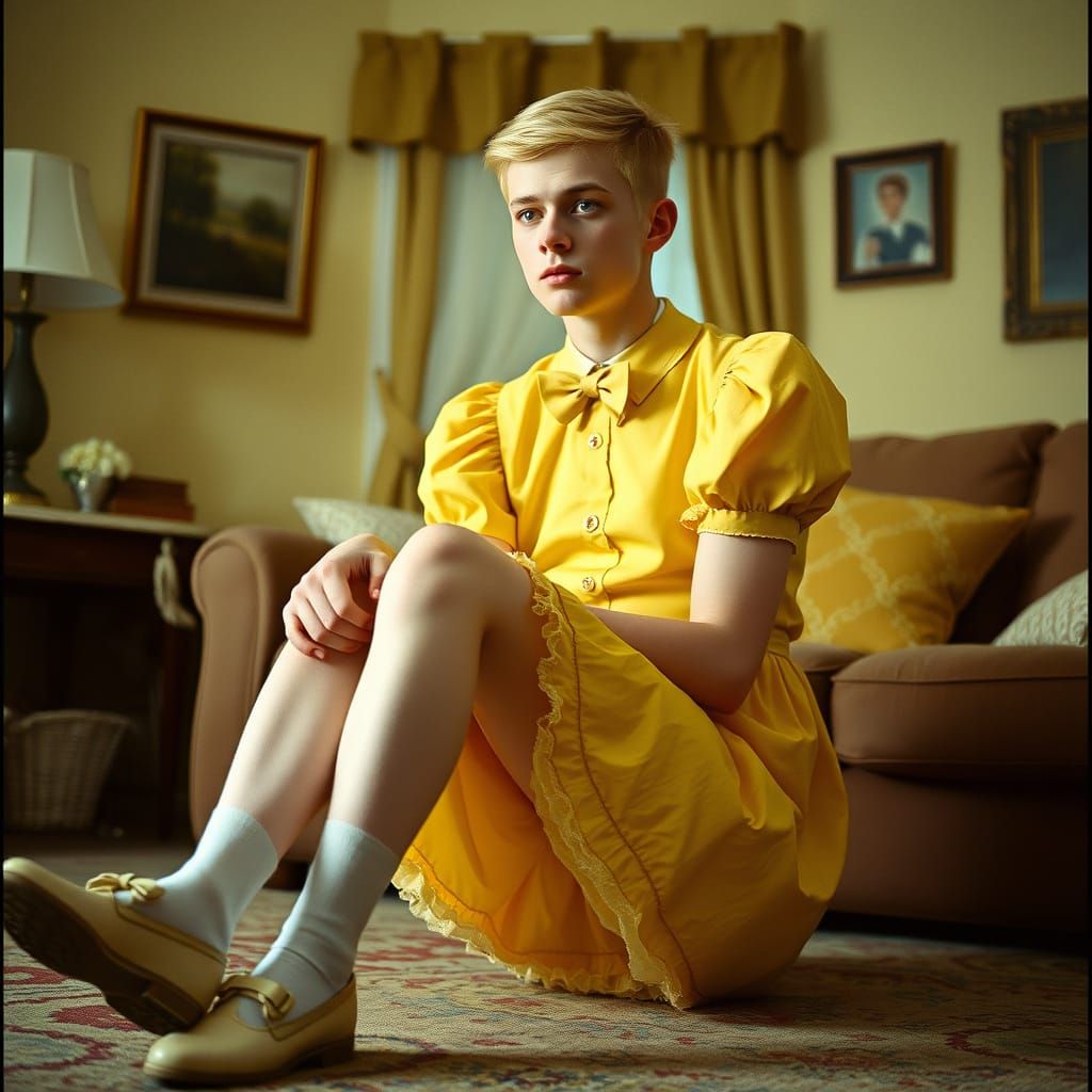 Ethan wearing a yellow dress - Man in Yellow Dress Seated in...
