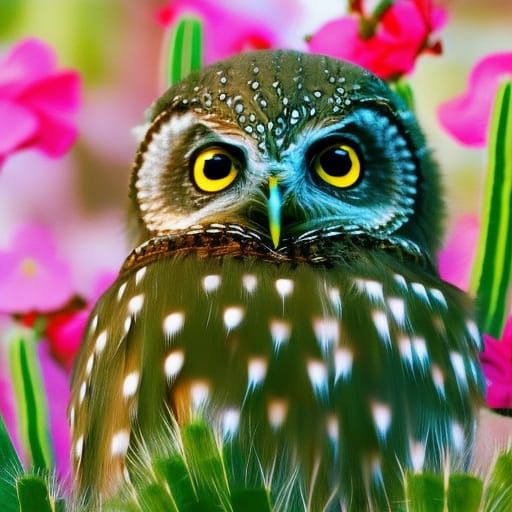 A cute Pygmy owl sitting in the side of a tall cactus. cactus flowers ...