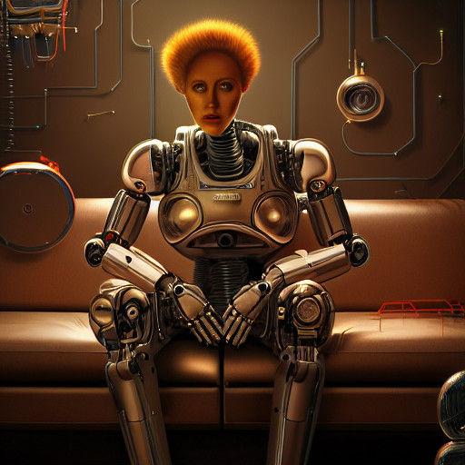 Concept art. Medium shot. A humanoid robot sits on a couch, surrounded ...