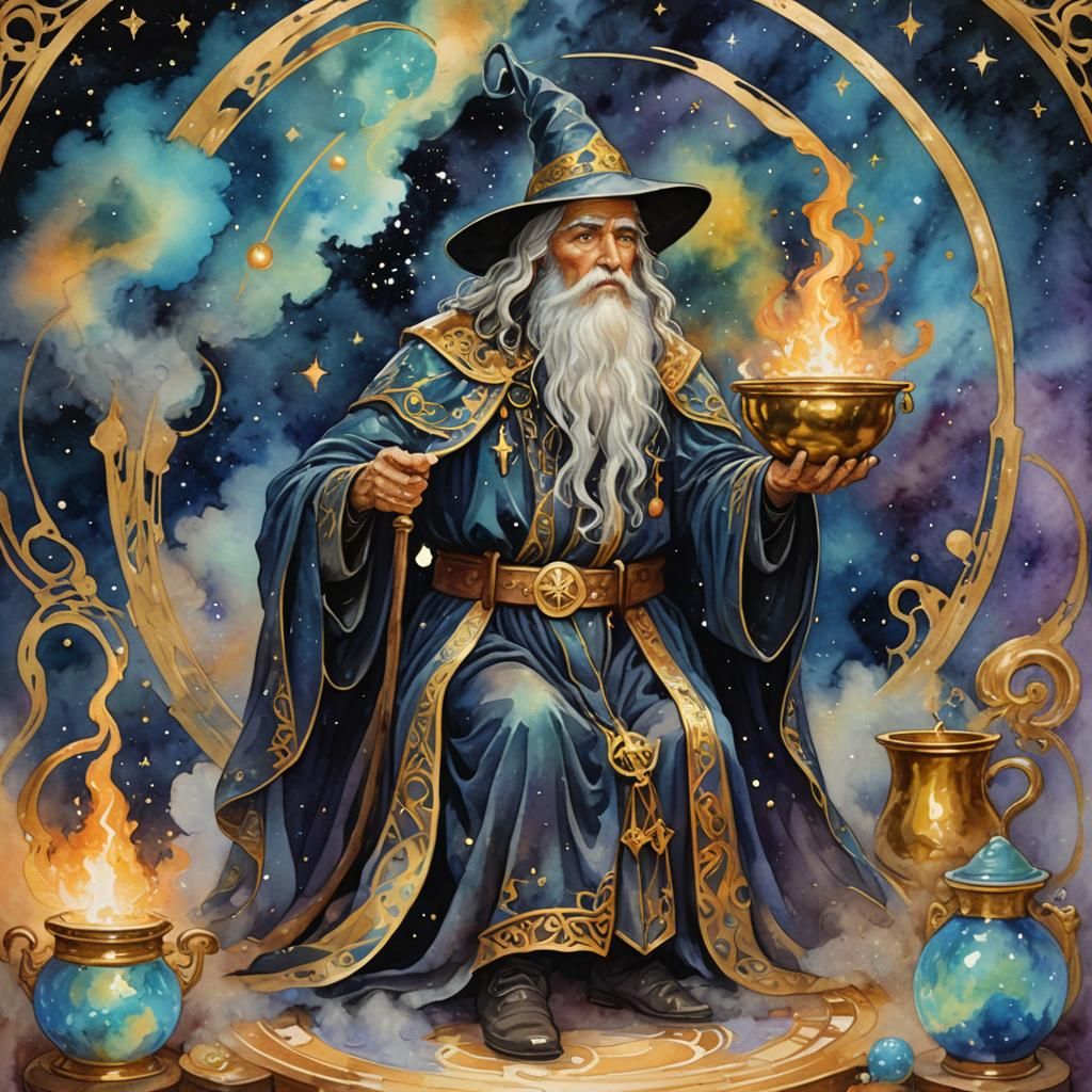 art nouveau, wizard wearing a robe, gold rune symbols, cauldron with ...