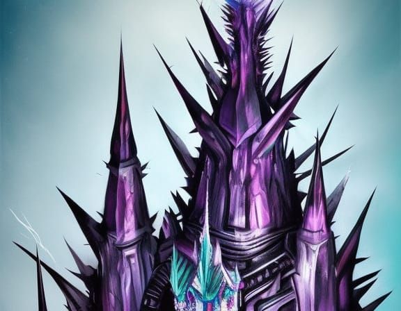 insanely detailed tall, spiky dark purple castle spire with horns ...