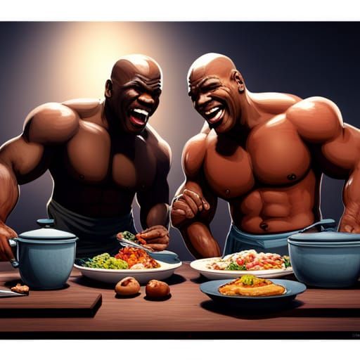 Mike Tyson and Evander Holyfield laughing eating salad - AI Generated ...