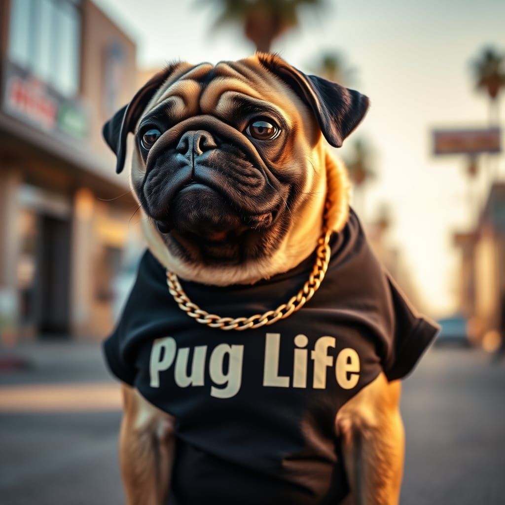 a pug dog wearing a "Pug Life" black T-shirt and a big gold chain in ...