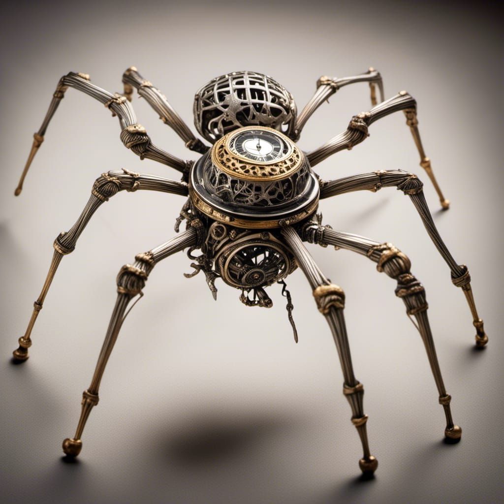 Small, highly intricate, clockwork spider made of silver and gold metal ...