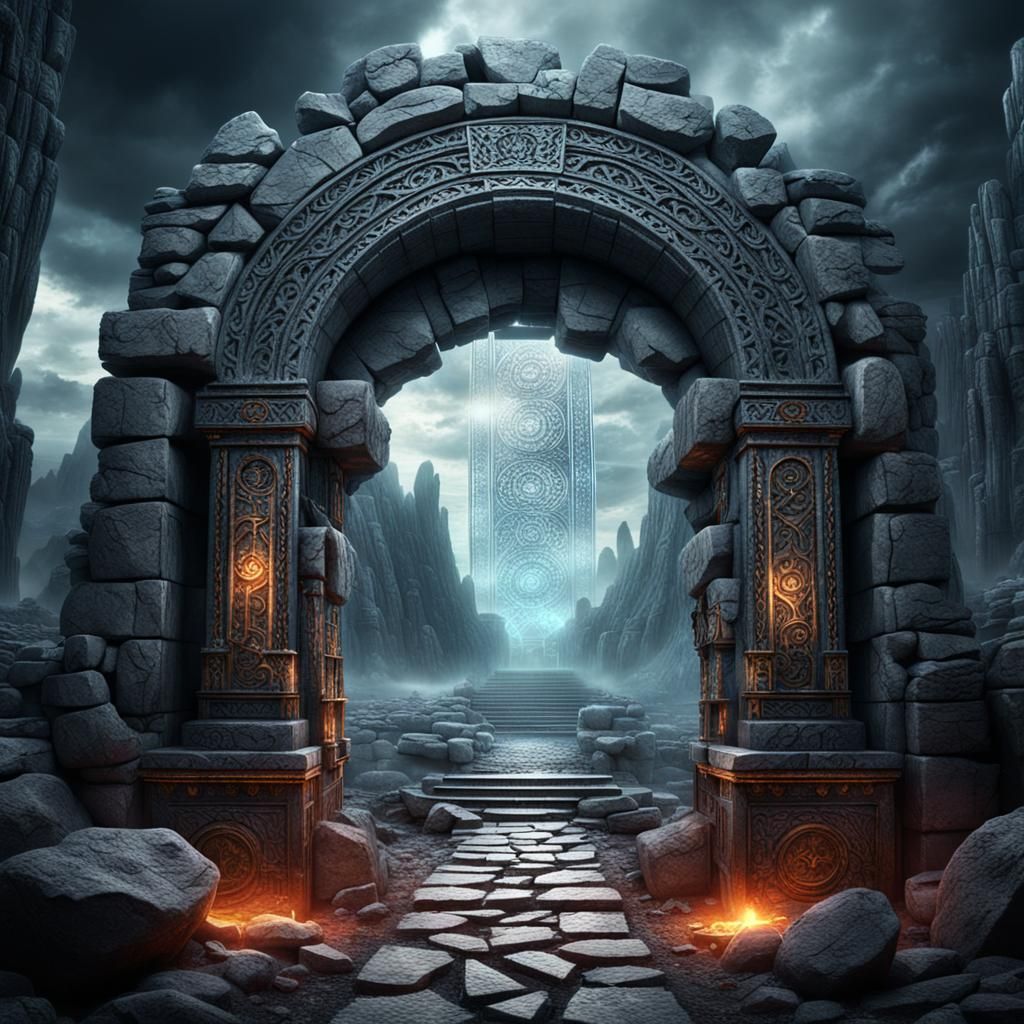 Ominous rift portal made of cut stone covered with mystical runes Epic ...