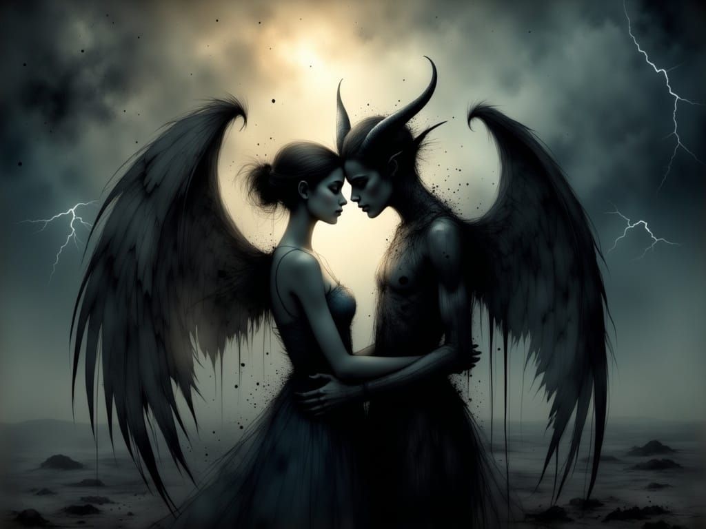 a fallen angel and a demon stand facing each othe