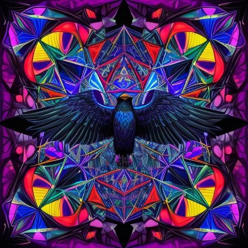 Hyper detailed cubist psychedelic artwork of a flying crow made of ...