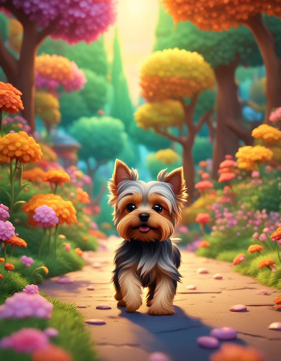 A Very Cute happy Chibi tiny Yorkshire terrier puppy familie is walking ...