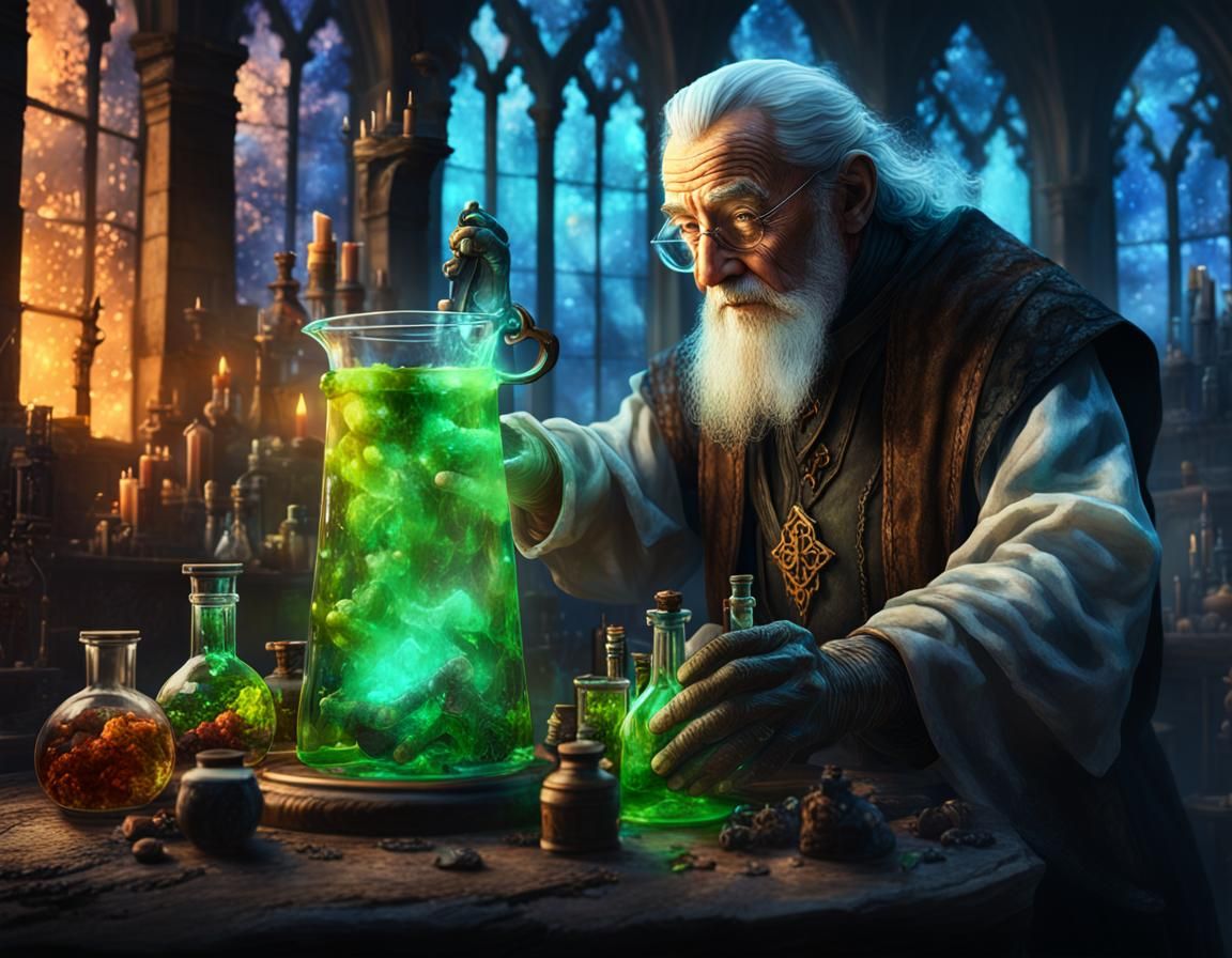 Alcohol inks, an elderly medieval alchemist surrounded by ...