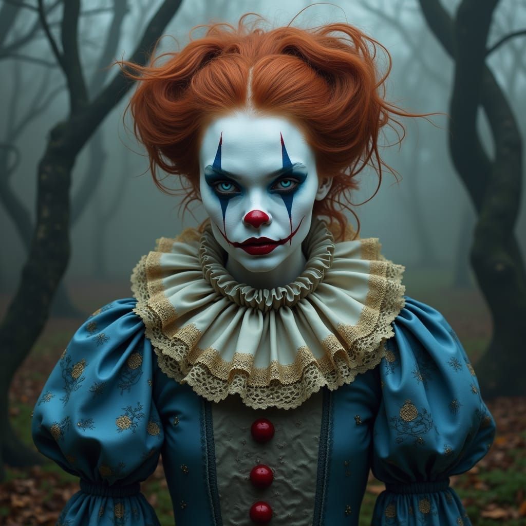 Ethereal Gothic Clown with Piercing Blue Eyes - AI Art