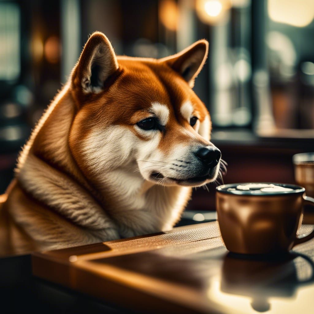 Shiba Inu drinking coffee at a coffee shop intricate details, HDR ...