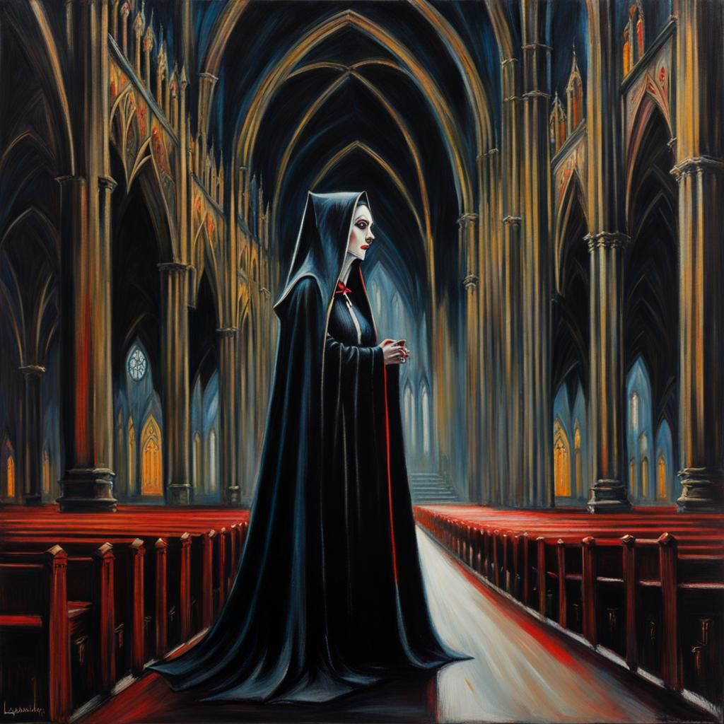 VAMPIRE nun, sinister GOTHIC cathedral, atmospheric HORROR, oil pastels ...