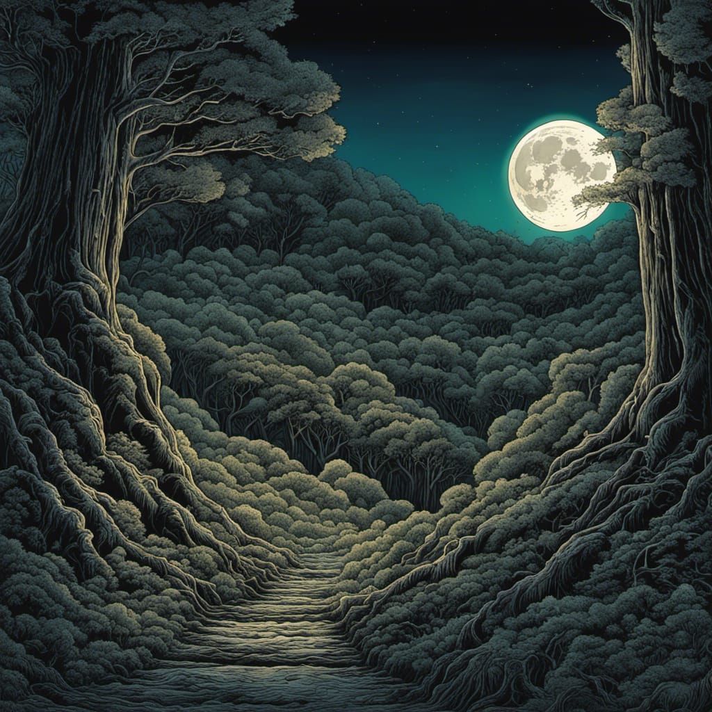 Horror Forest, Hiding Shadow Monsters, Night, Moon, by artist "Junji ...