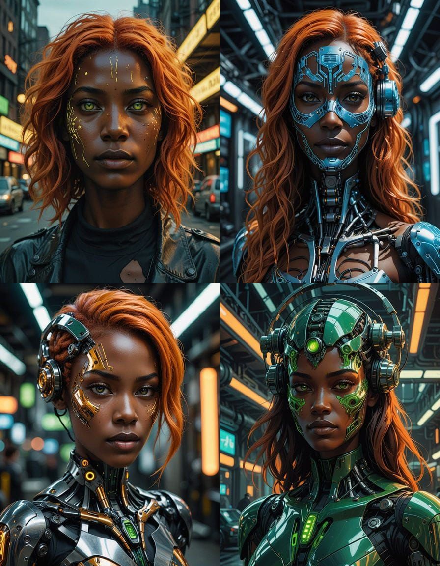 A woman's face, this face is half cyborg, with a gleaming metal ...