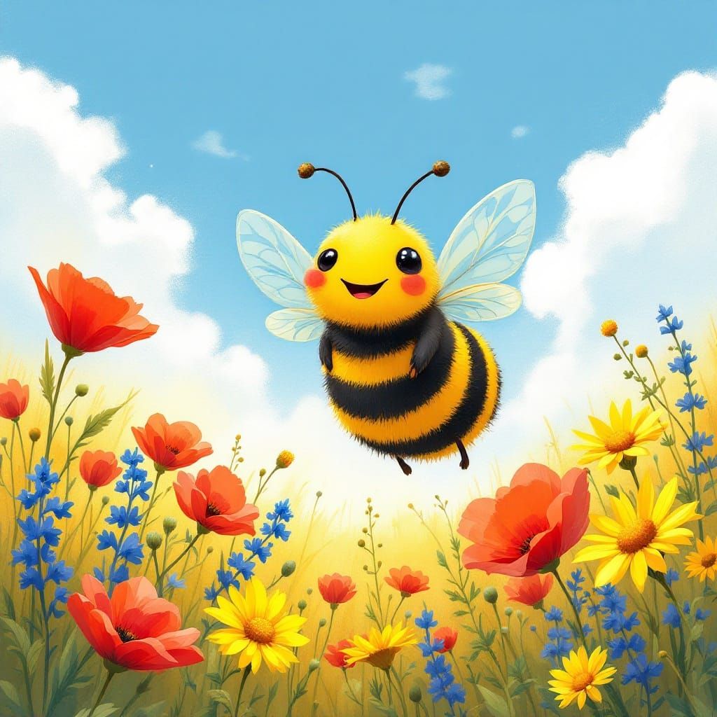 A vibrant, anthropomorphic bee with bright yellow and black stripes, wearing a joyful expression ...
