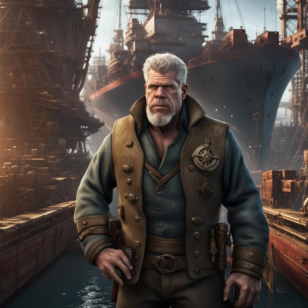 Ron Perlman as a gruff looking, busy sailor at a large shipyard - AI ...