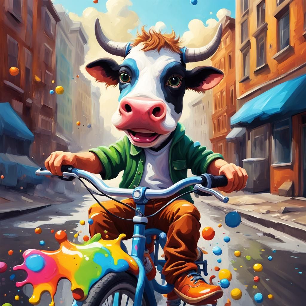 Make a closeup oil painting of an adorable CGI cartoon cow riding a ...