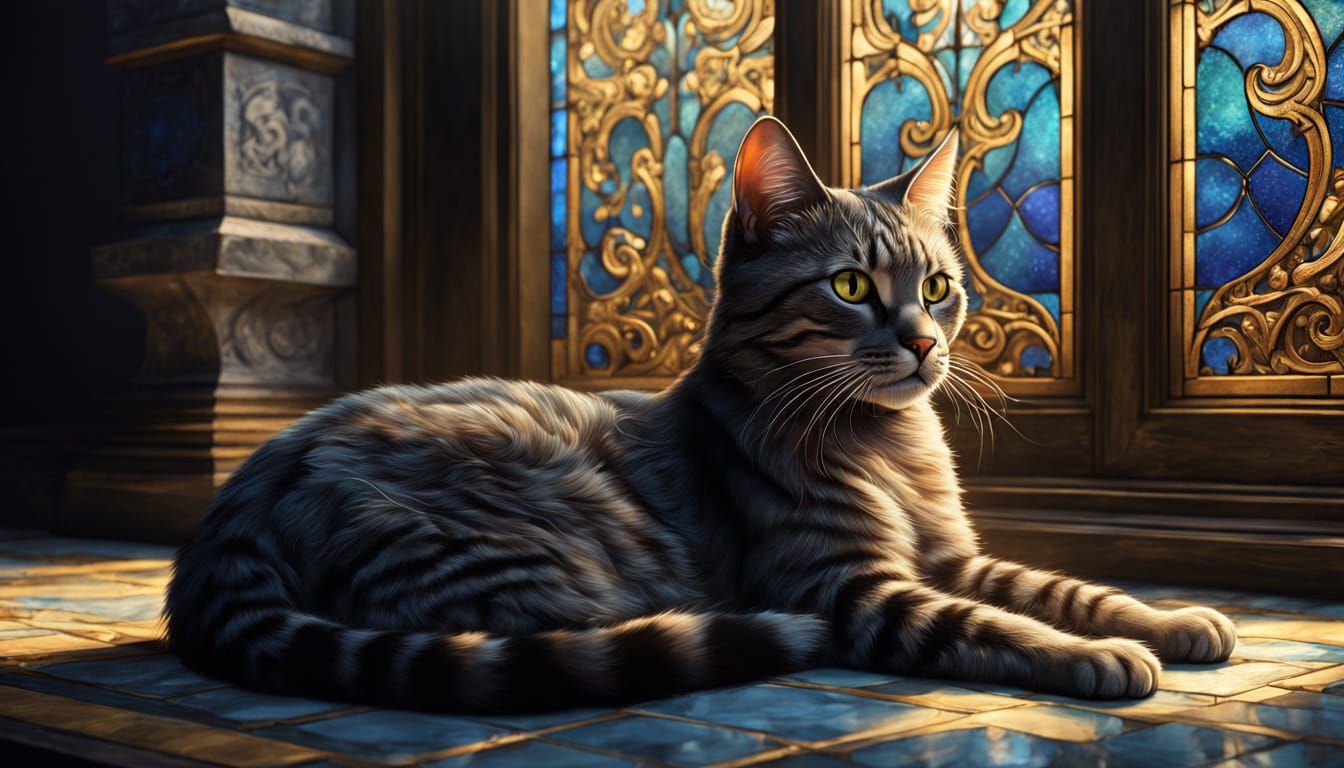 Elegant Victorian Cat in Castle Windowsill Masterp... - AI Art