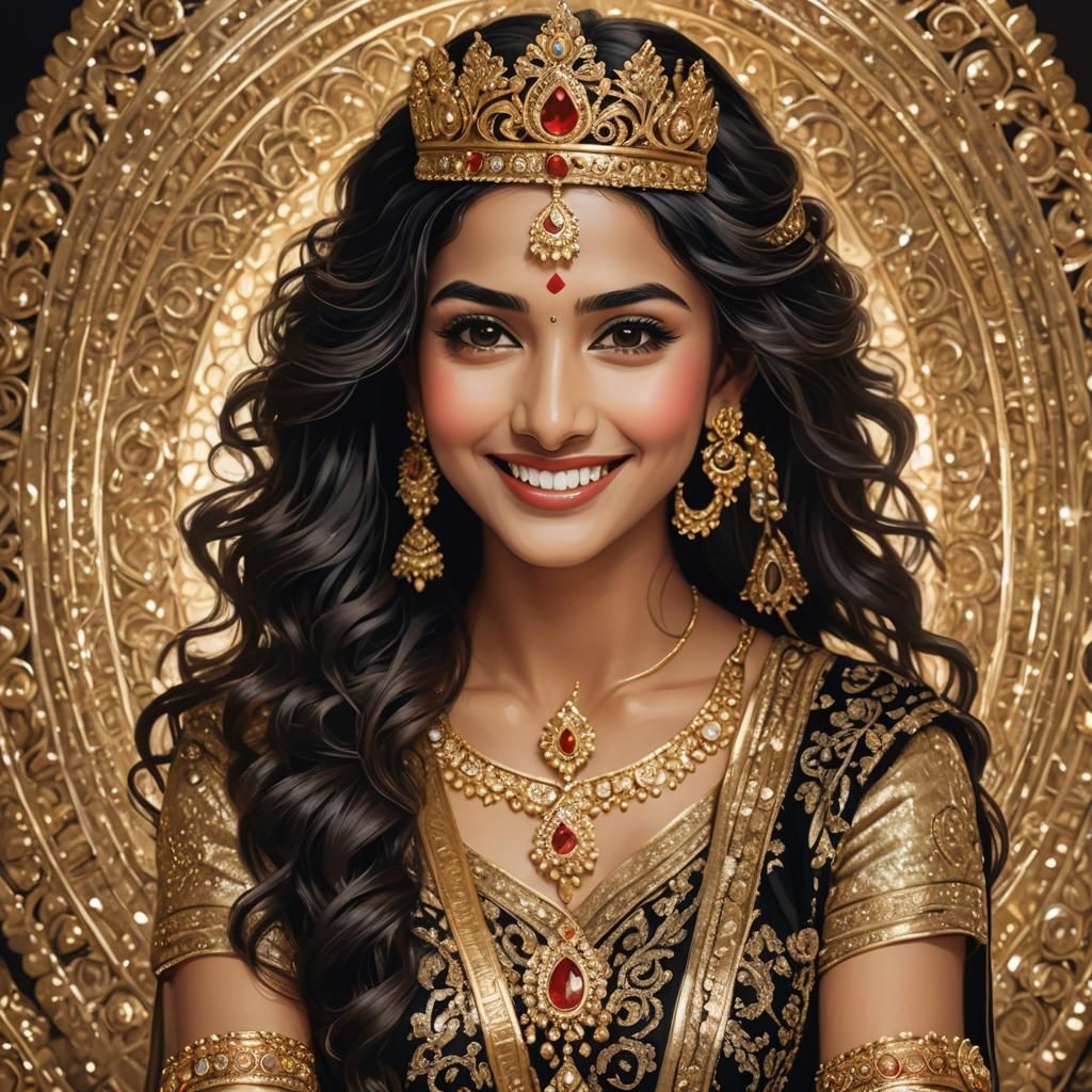 beautiful Indian lady princess with jewelry crown,long read and golden ...