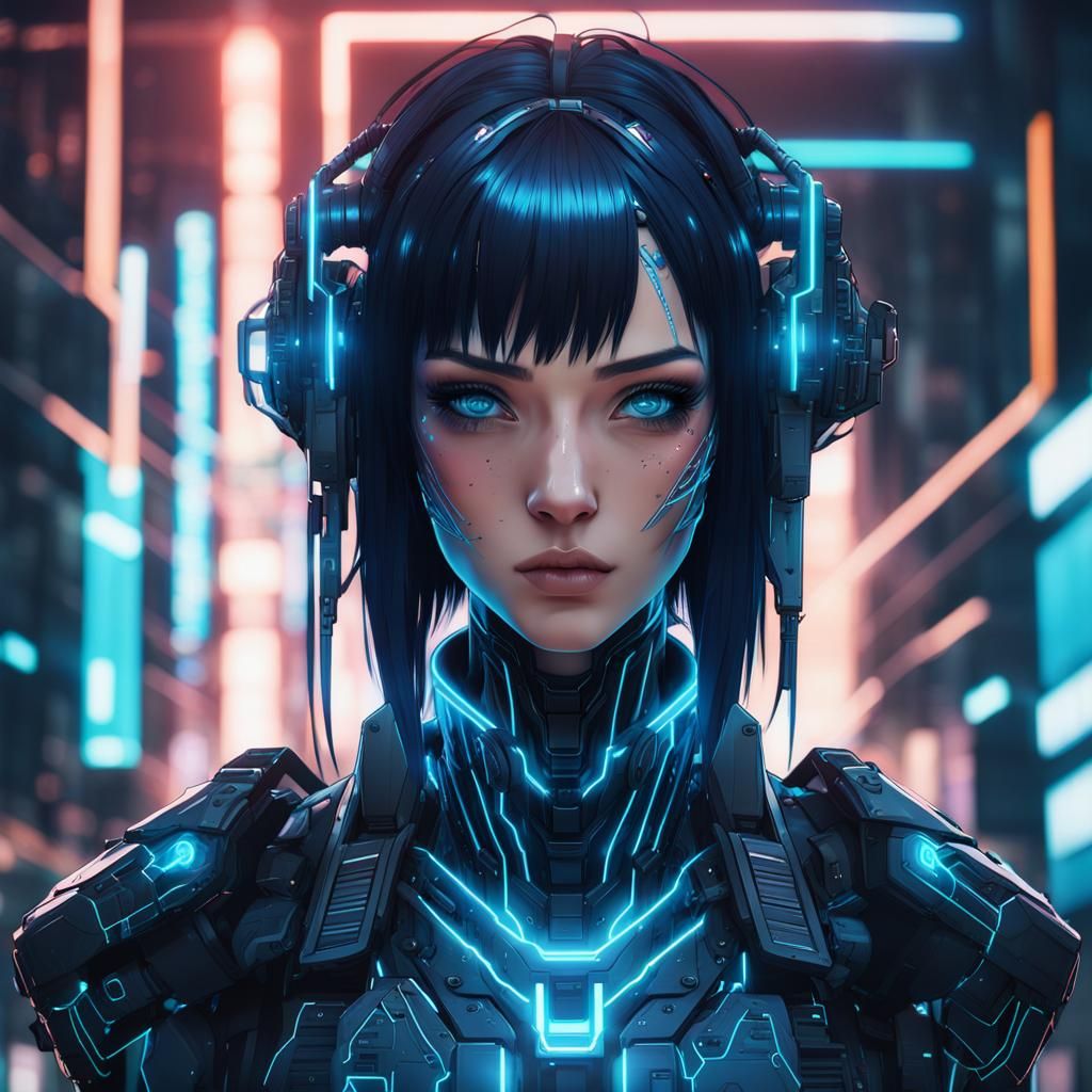 anime girl black hair cyber body - Cyberpunk Anime Goddess w...