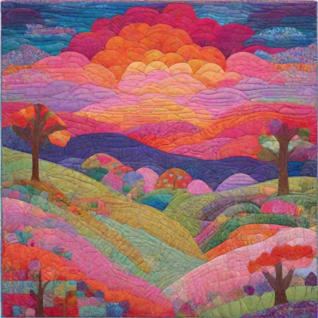 Art by Kaffe Fassett, a quilted countryside scene at sunset, rolling ...