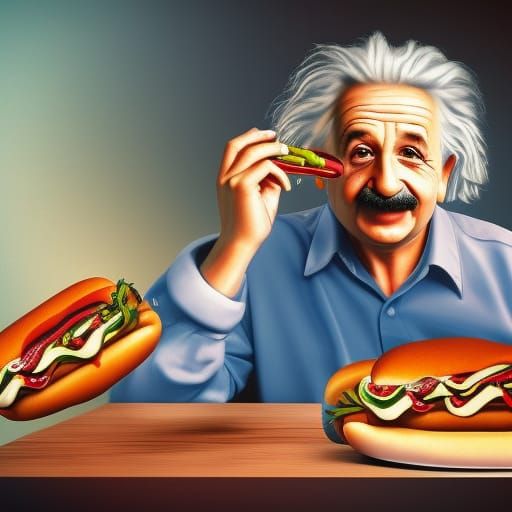 Albert Einstein eating a hotdog, Hyperrealistic, splash art, concept ...
