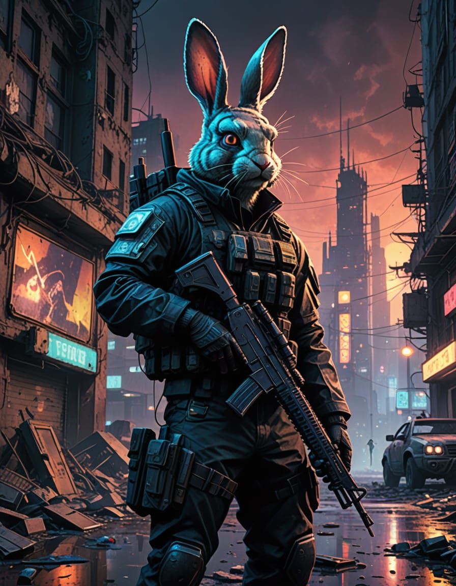 Cyberpunk Easter Bunny in Tactical Gear - AI Art