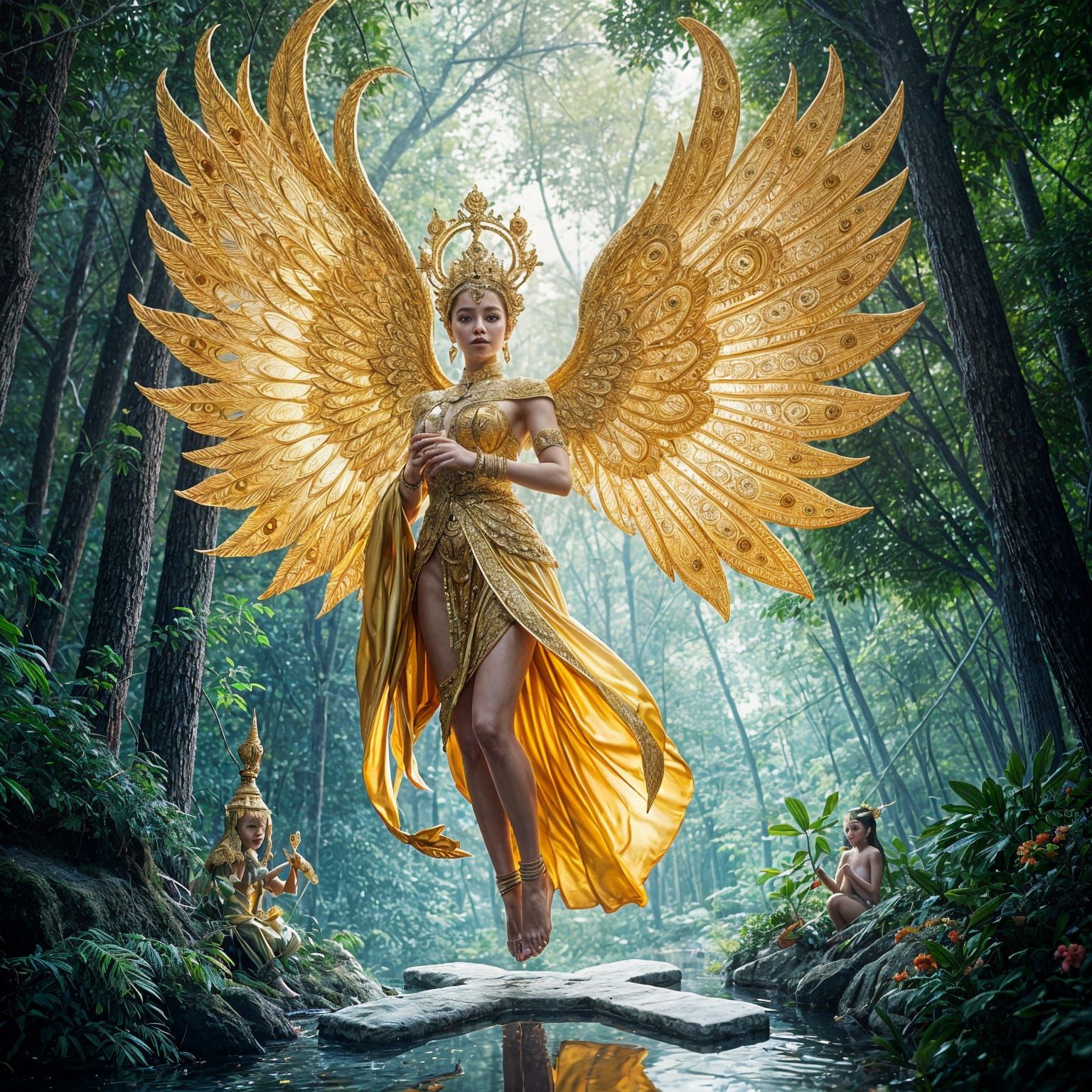 wild angle mosaic of mirror shapes of a Thai angel with golden wings ...