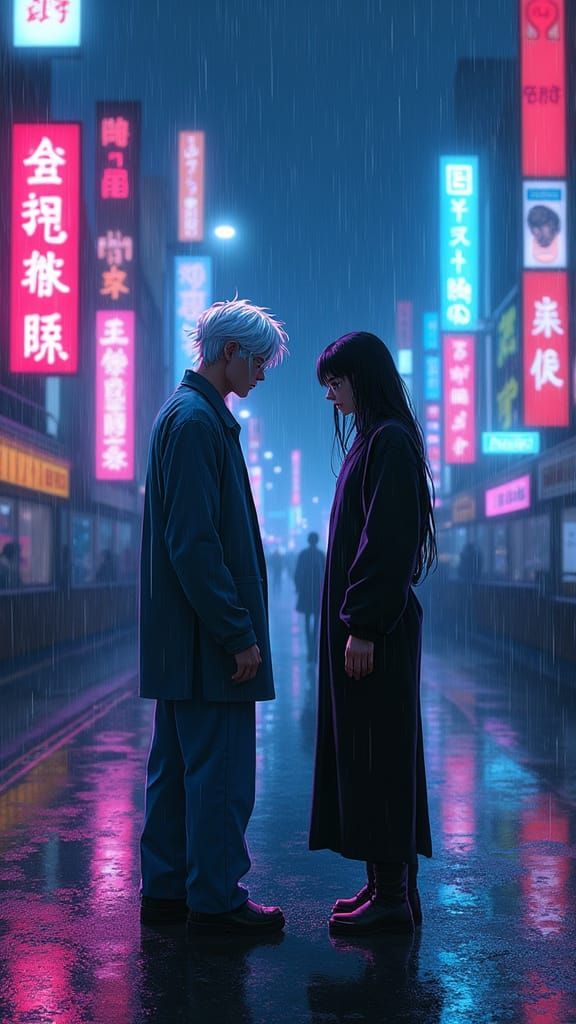 Gojo Satoru and Geto Suguru(female) standing together in the rain