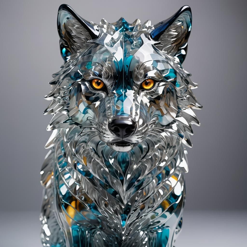 A striking transparent glass sculpture of a wolf, eyes gleaming with ...