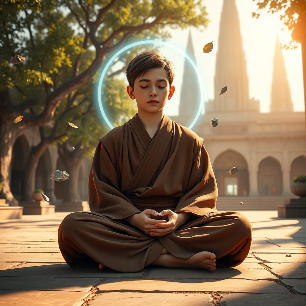 Young Padawan in Peaceful Jedi Temple Courtyard - AI Art
