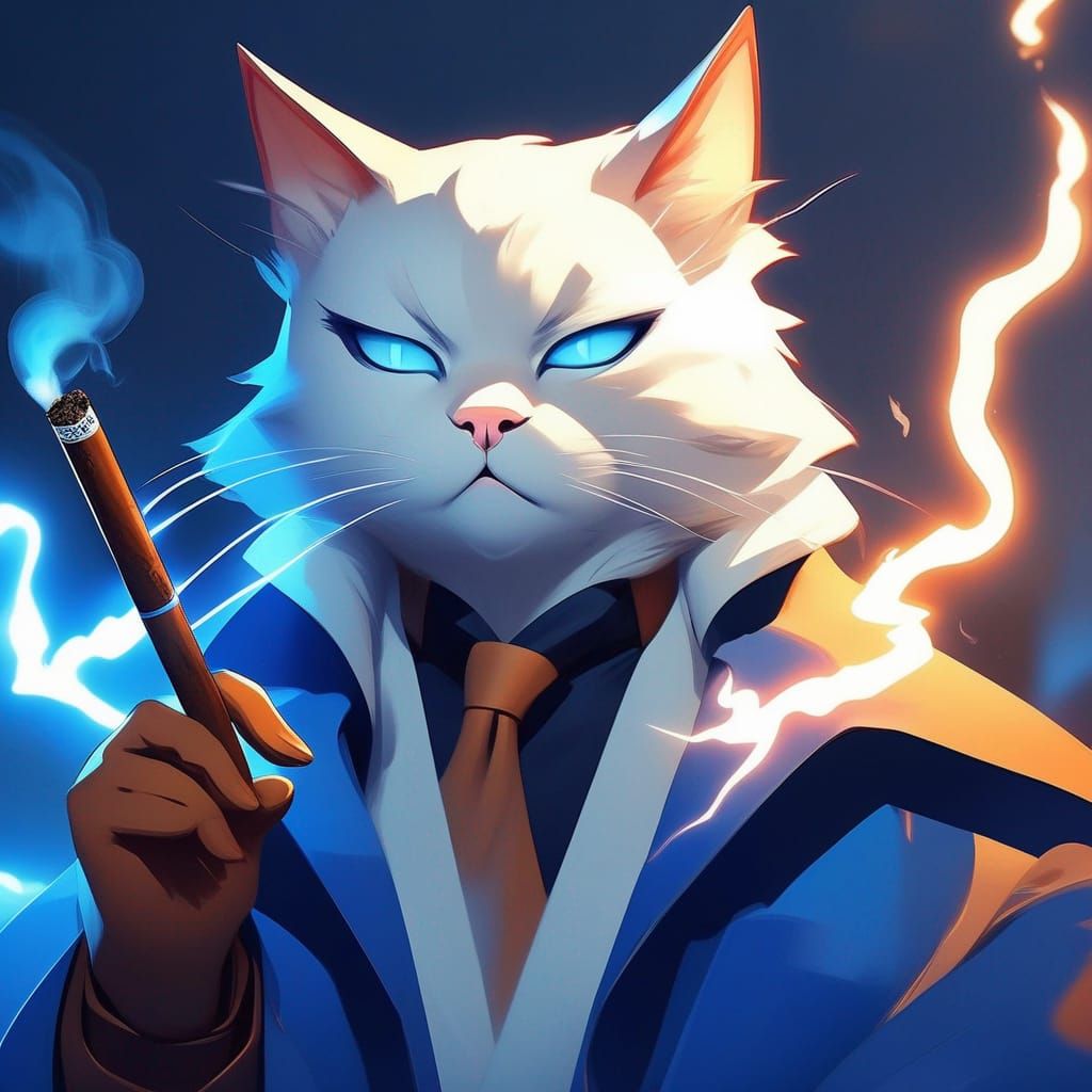 Lightning cat wearing an oversized coat surrounded by blue and white ...
