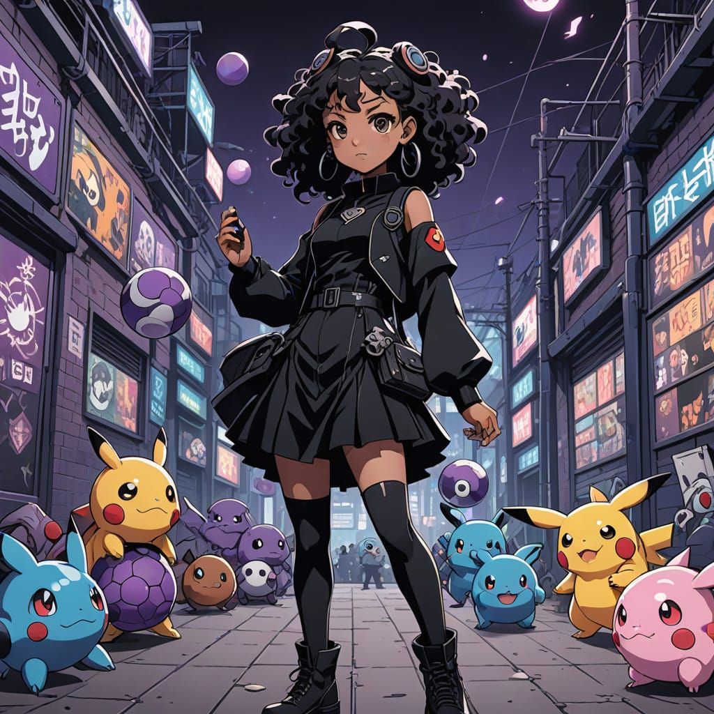 Gothic Pokémon Trainer Blasian College Girl - AI Art