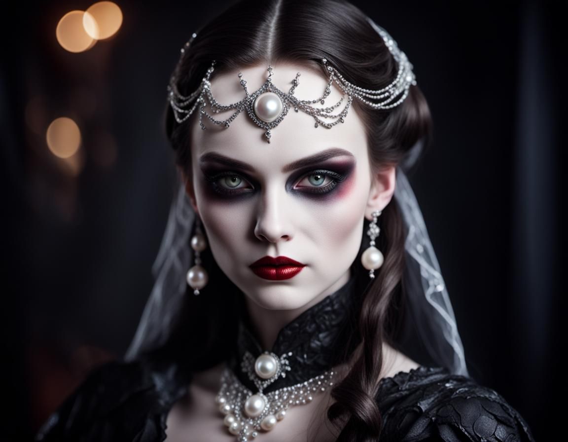 vampiress with pearl-white skin, chromed eyes, voluptuous, hyperrealist ...