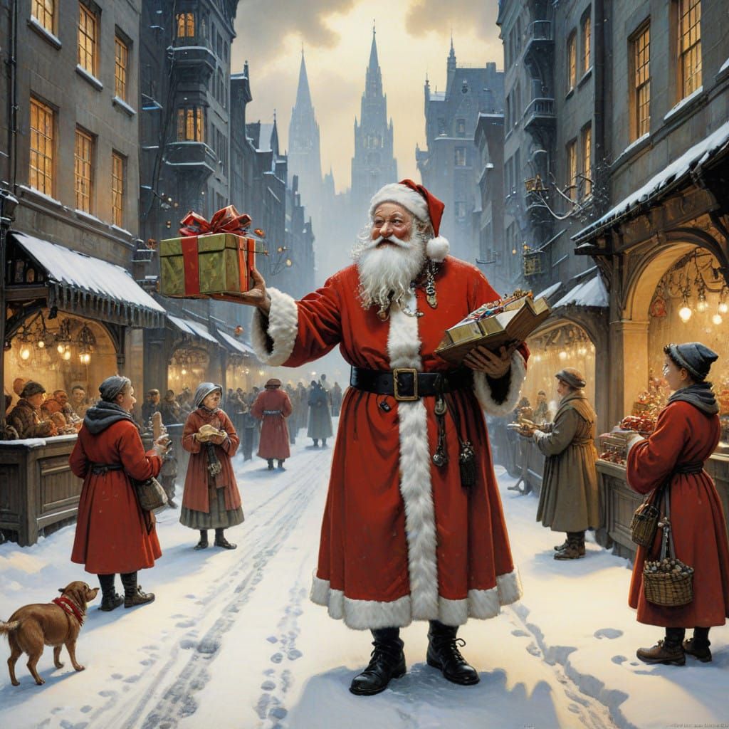 Three Jolly Father Christmases Bring Joy to City K... - AI Art