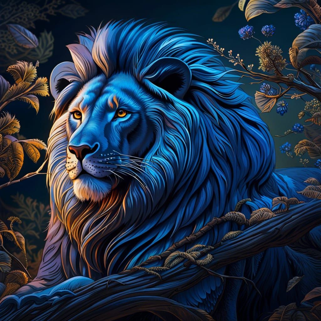 fantasy blue lion sleeping on a tree branch under a bilious moon ...