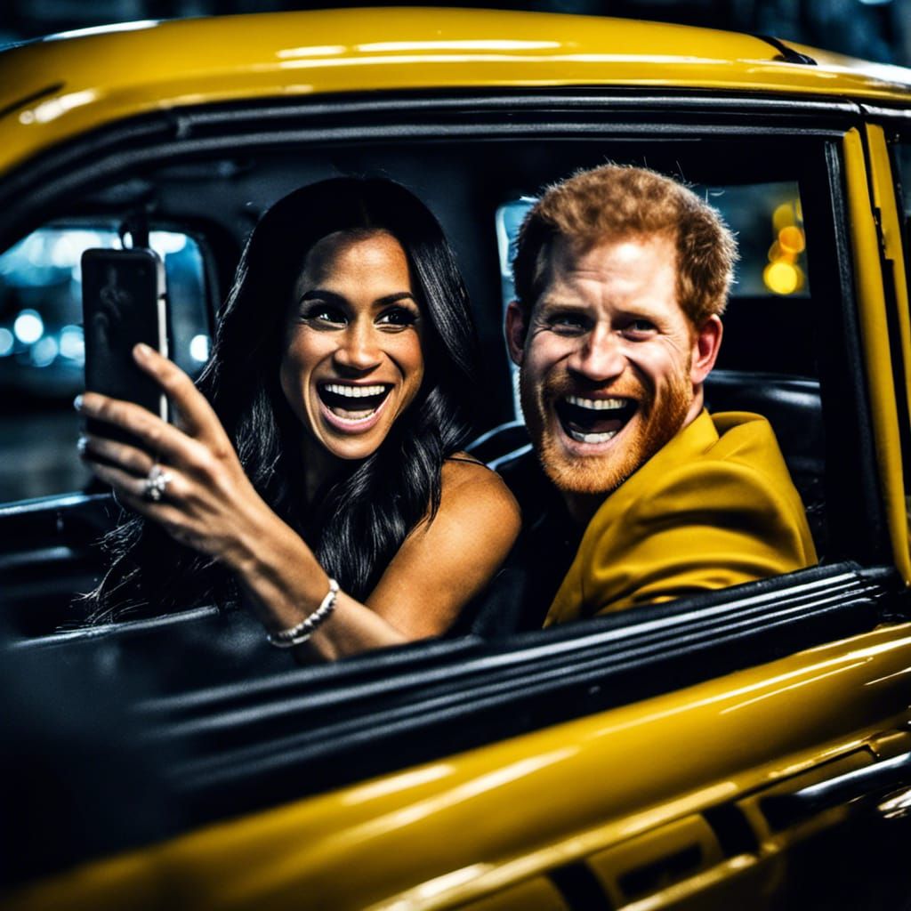 Meghan Markle and prince harry screaming, scared, in a yellow cab ...