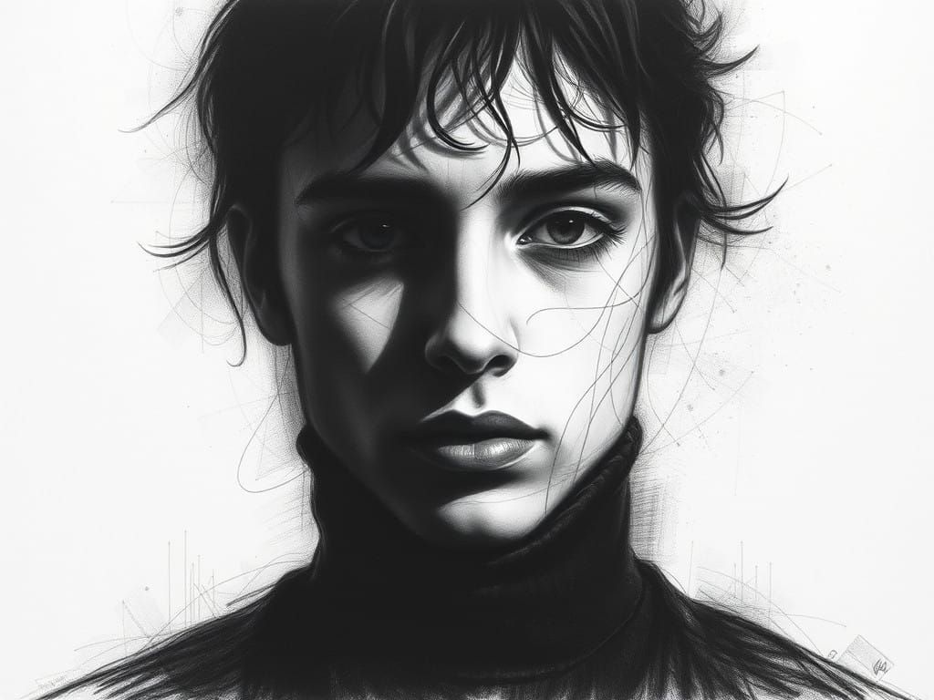Mysterious, Shadowy Portrait in Charcoal Drawing - AI Art