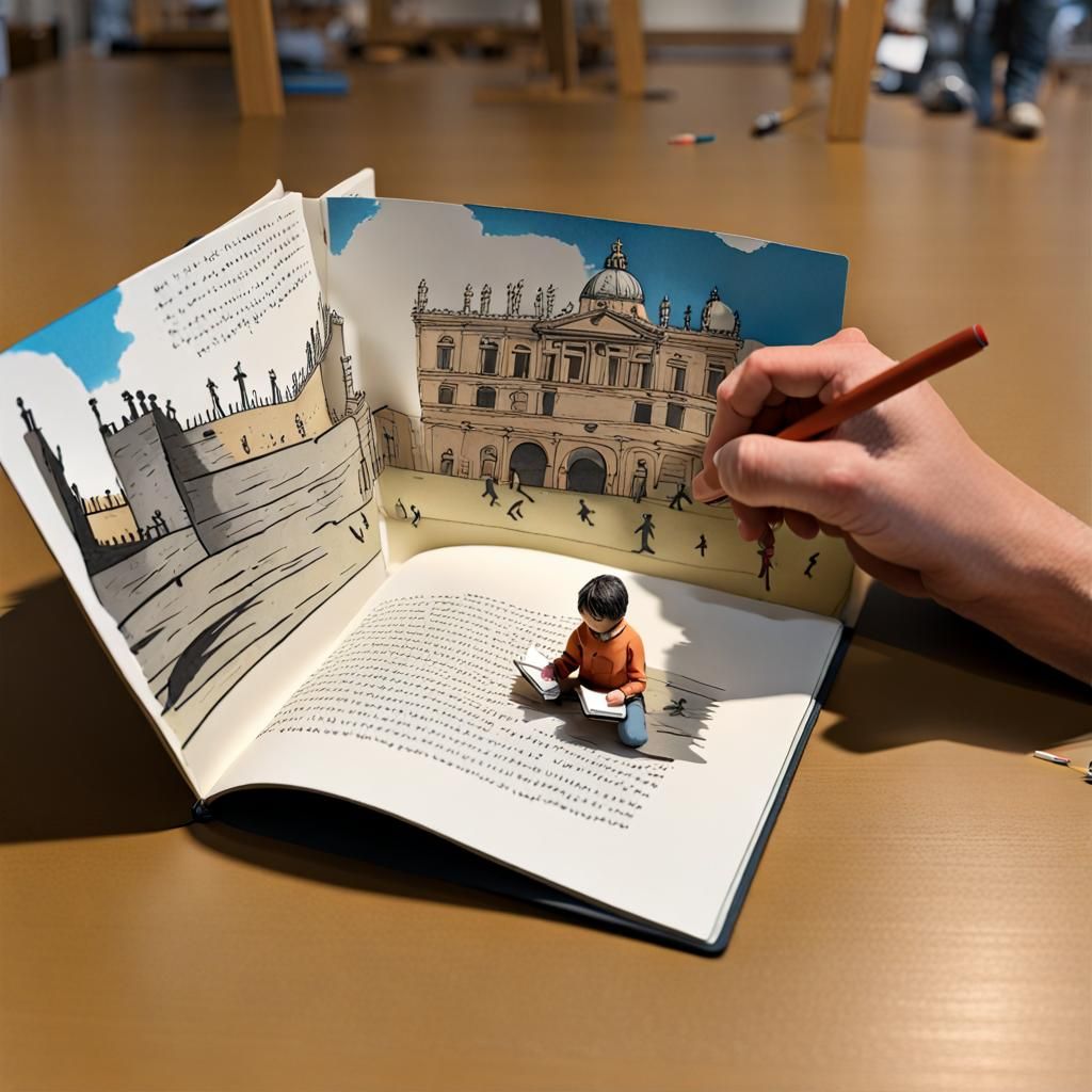 A person reading and writing in a pop-up story book about birth, life ...