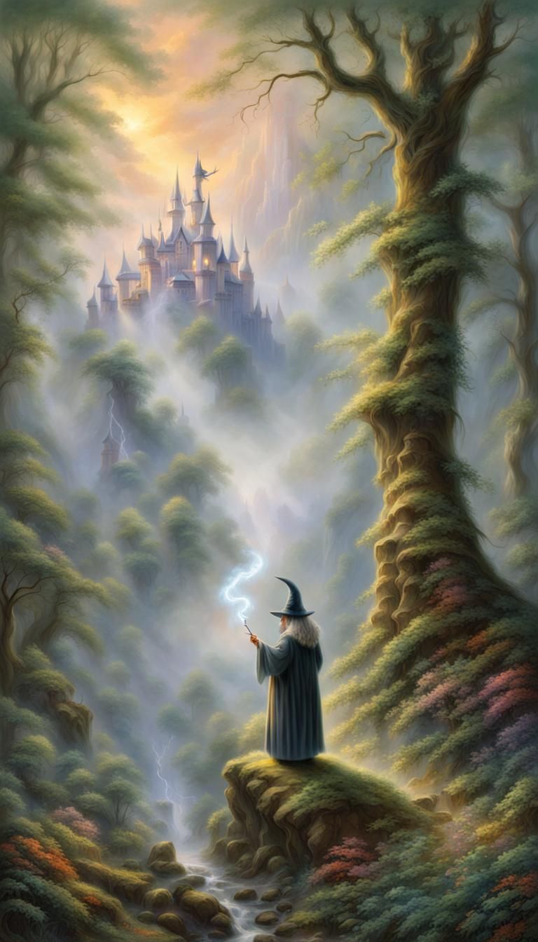 wizard in a magical forest, smoking weed, looking at a nice big scenery ...