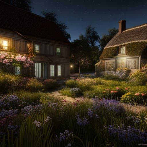 garden with wildflowers and a cozy cottage in the starry night, by Sue ...