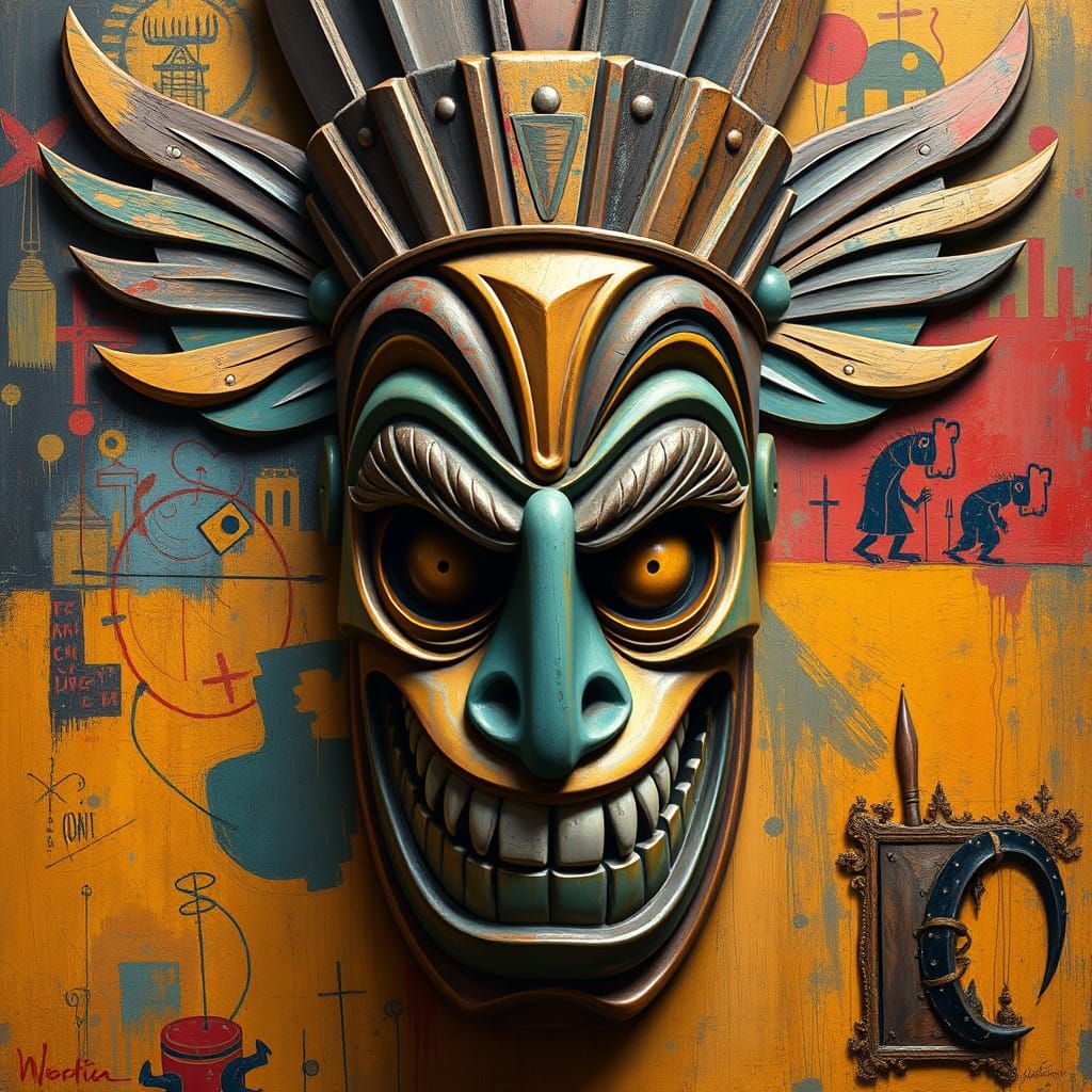 Abstract Cubist Tiki Mask in Fantastical Euclidean... - AI Art