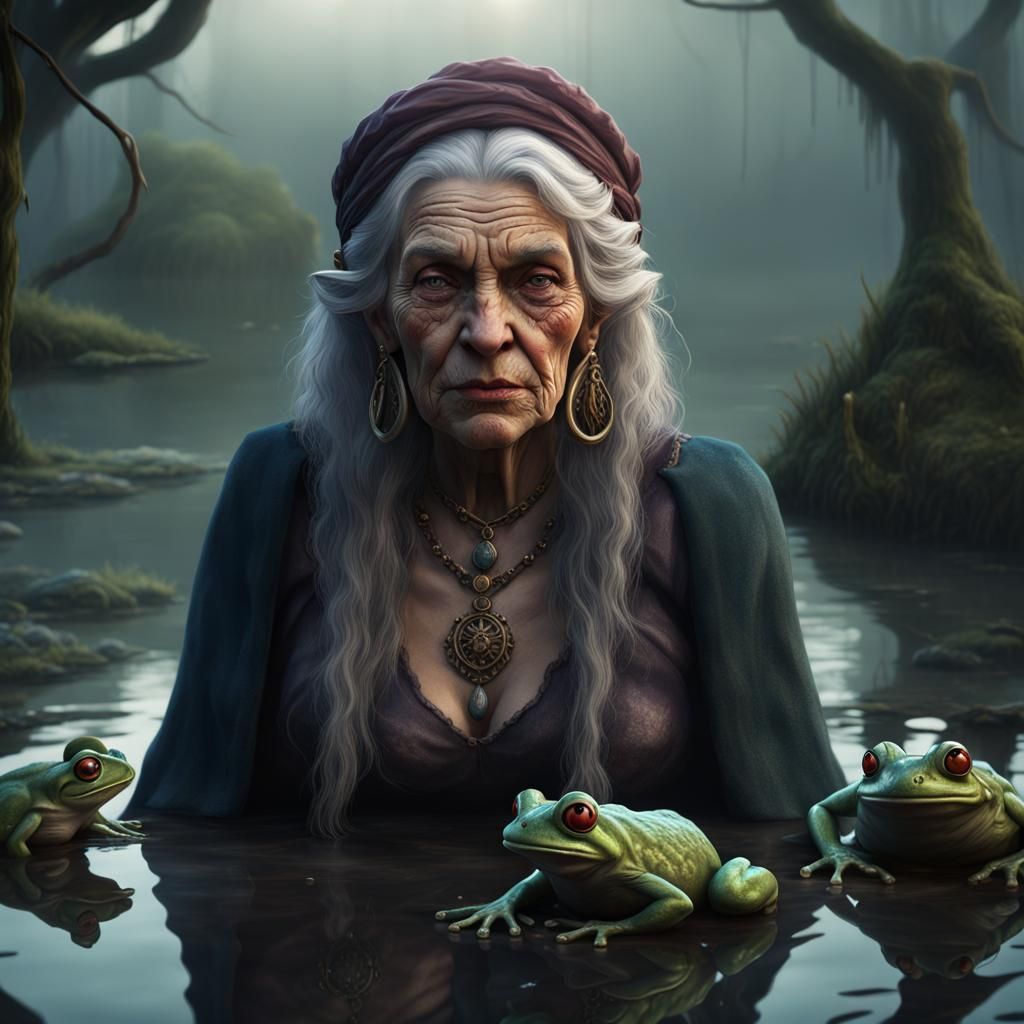 Swamp Witch Hattie with Frogs - AI Generated Artwork - NightCafe Creator