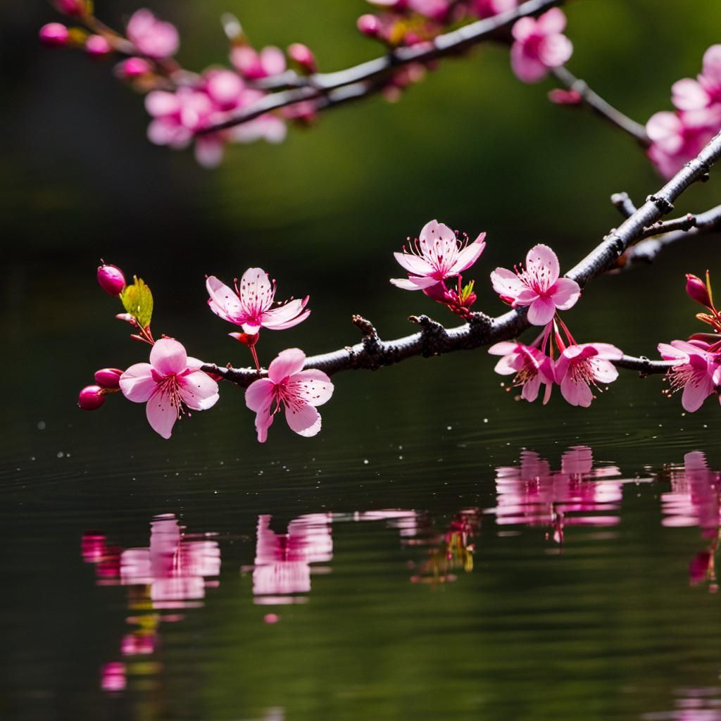 Gros plan sur les reflets dans l’eau d’une branche d’un cerisier du ...