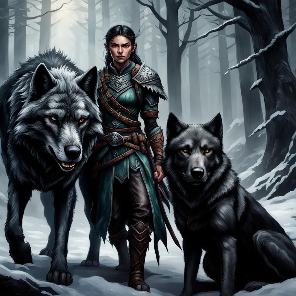 A female wild elf ranger with a large black dire wolf - AI Generated ...