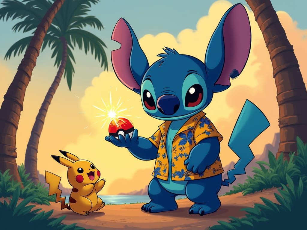 Stitch Summons Pikachu with Glowing Pokémon Ball i... - AI Art